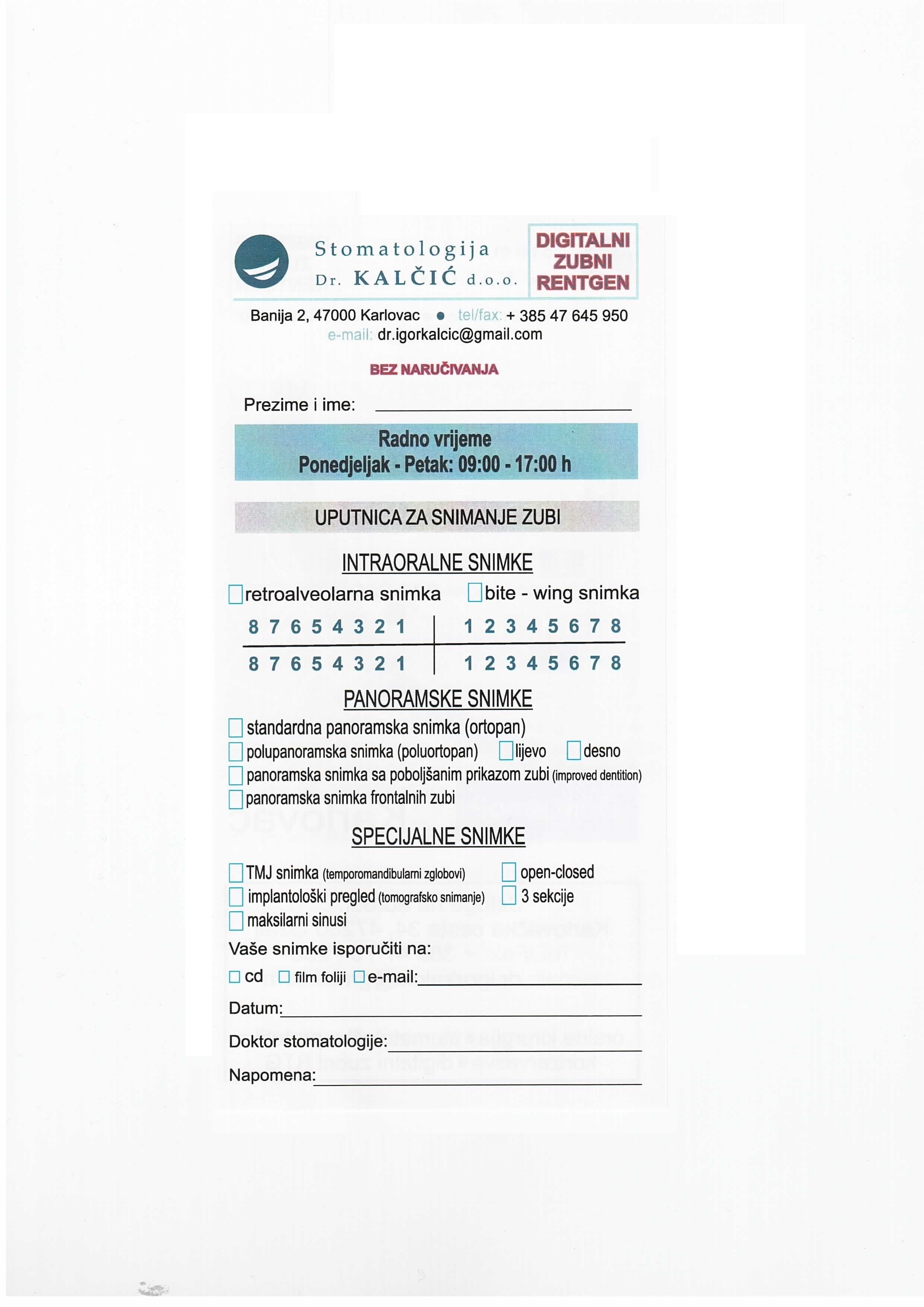 RTG – Uputnica – Stomatologija dr. Kalčić d.o.o.